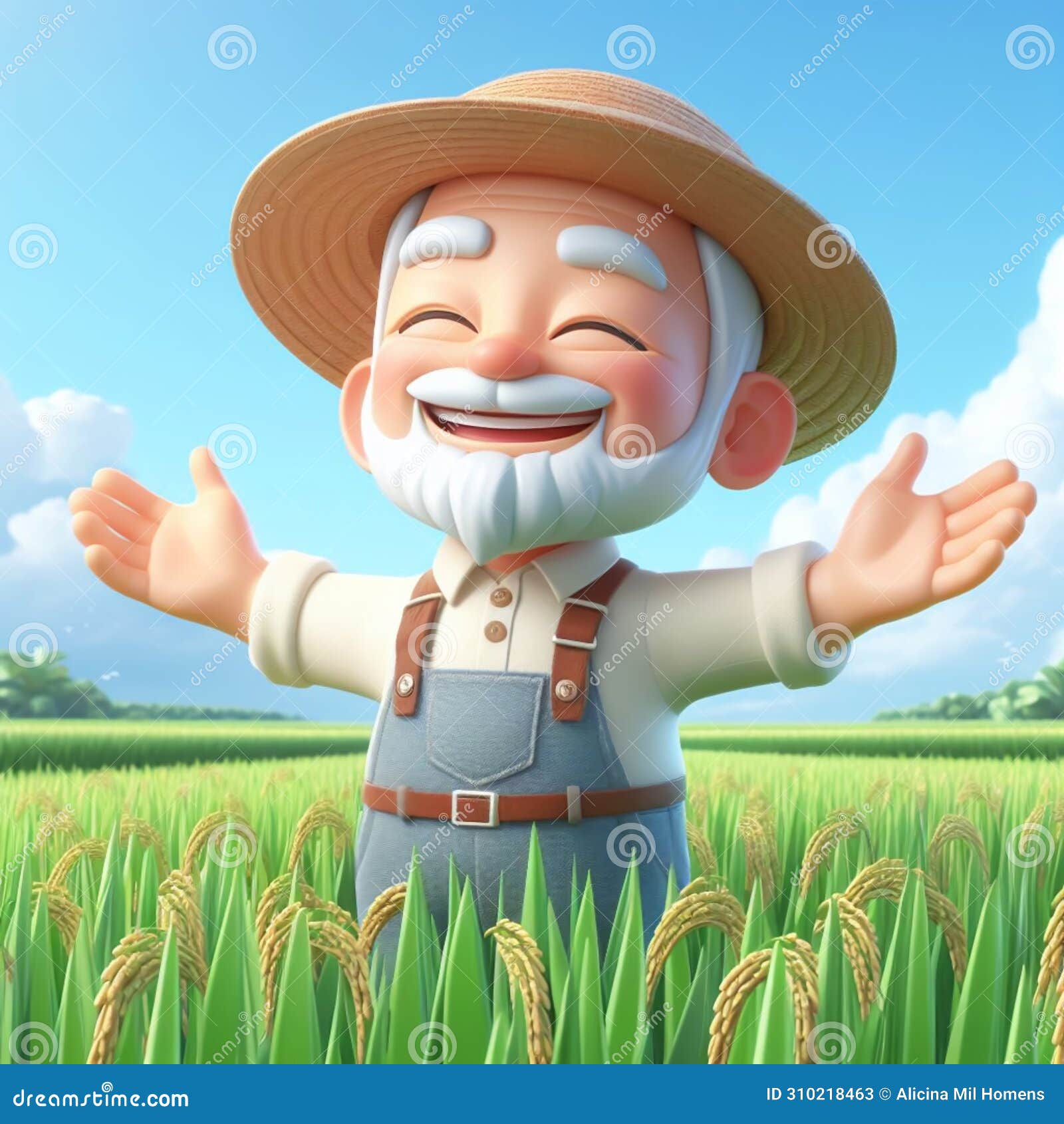 3D Funny Chinese Farmer Cartoon in Rice Fields. AI Generated Stock ...