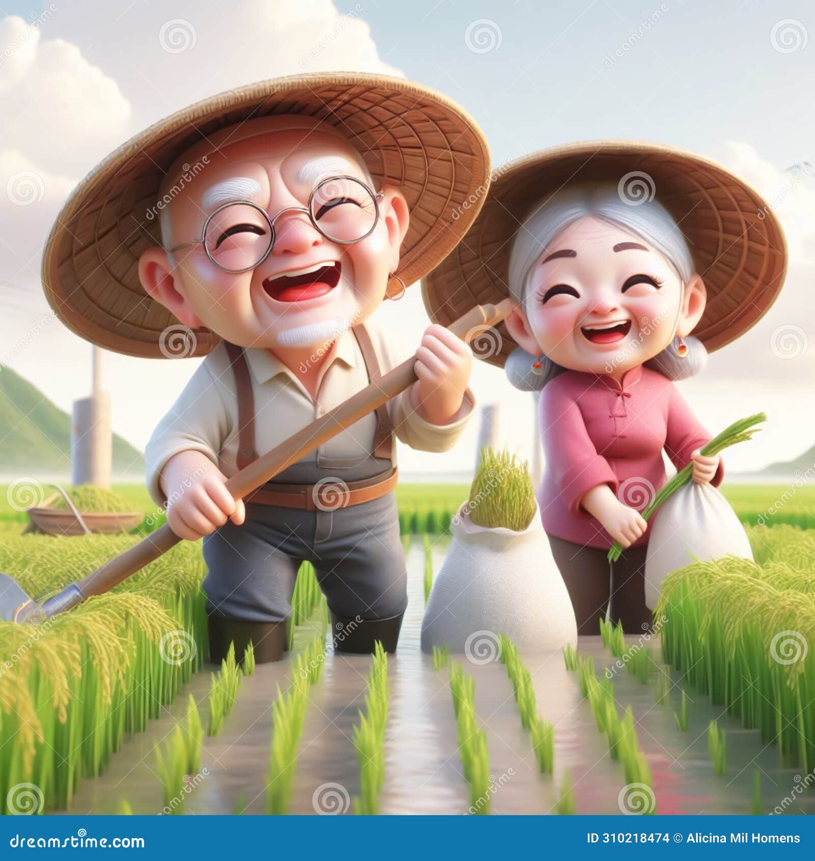 3D Funny Chinese Farmer Cartoon in Rice Fields. AI Generated Stock ...