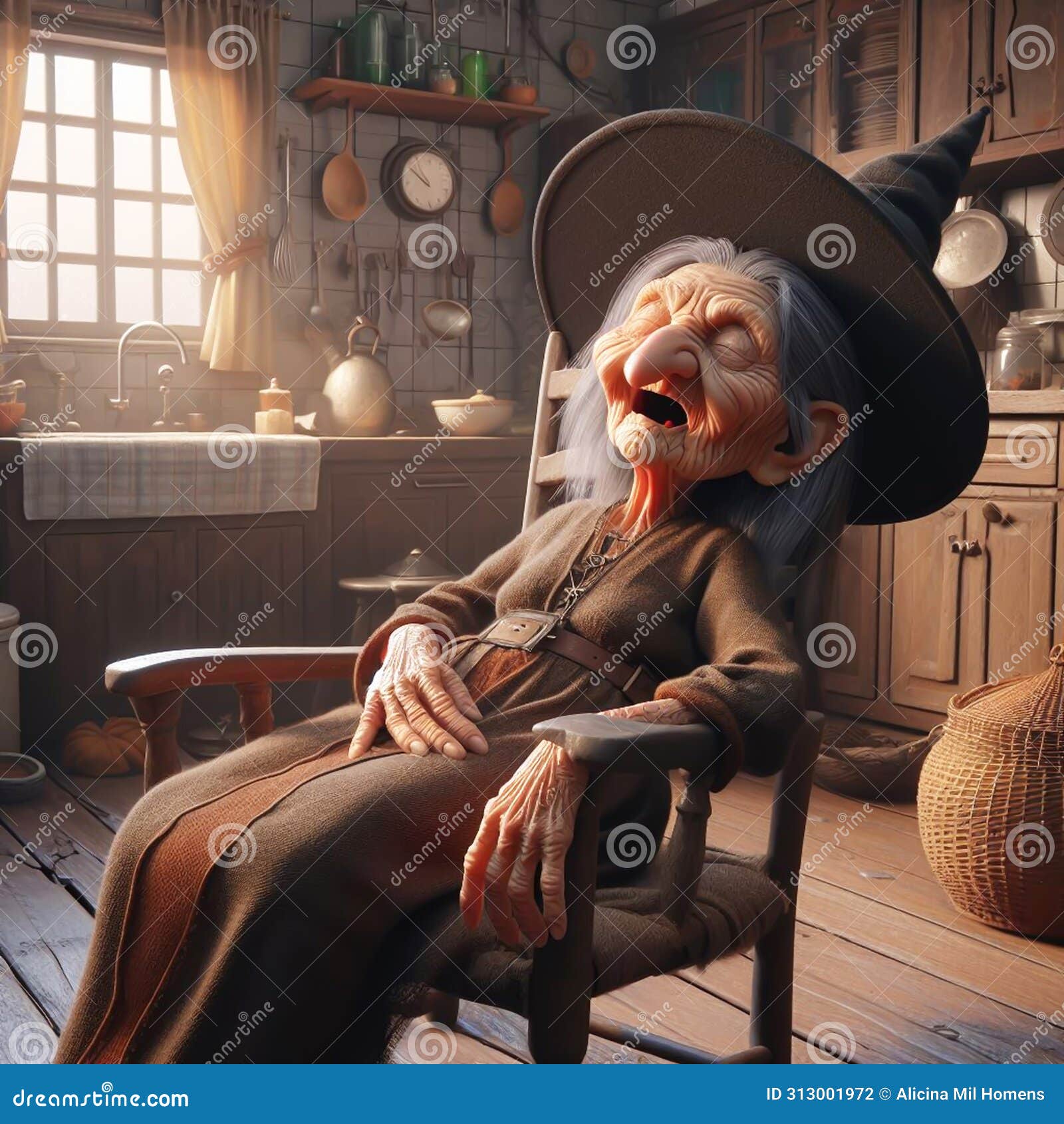 3D Funny Elderly Witch Cartoon Sleeping in the Kitchen. AI Generated ...