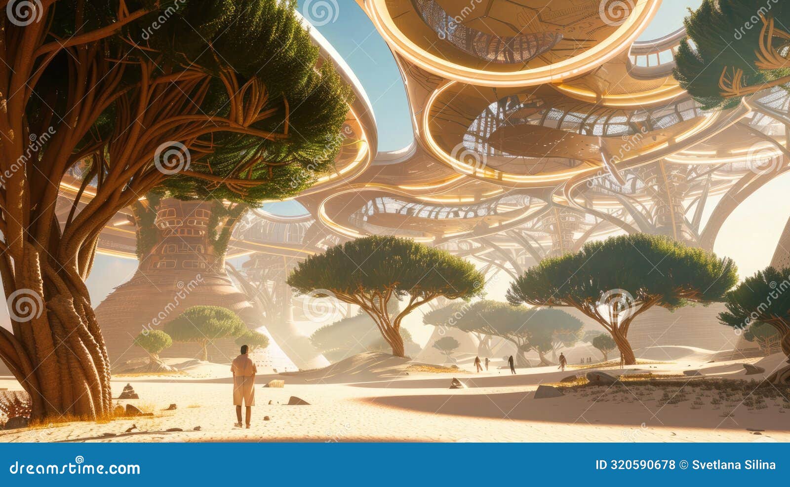 3D Futuristic Desert Oasis with Holographic Trees and Advanced ...