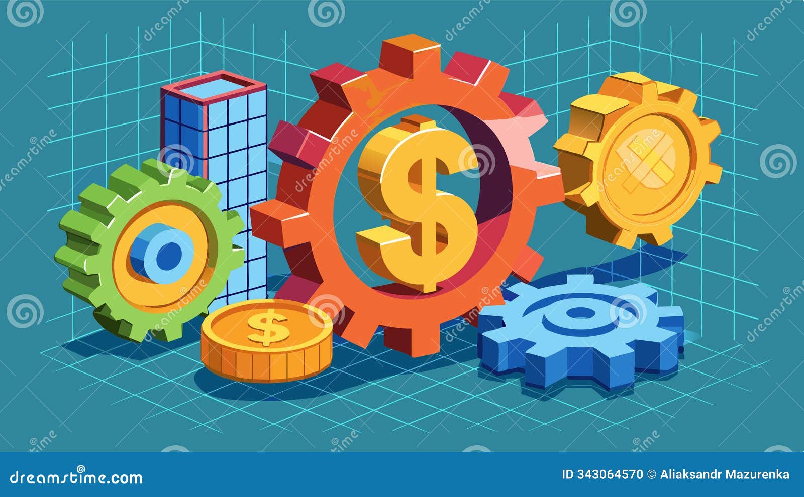 3D of Gears with Money Sign from Wireframe Form. Technology and ...