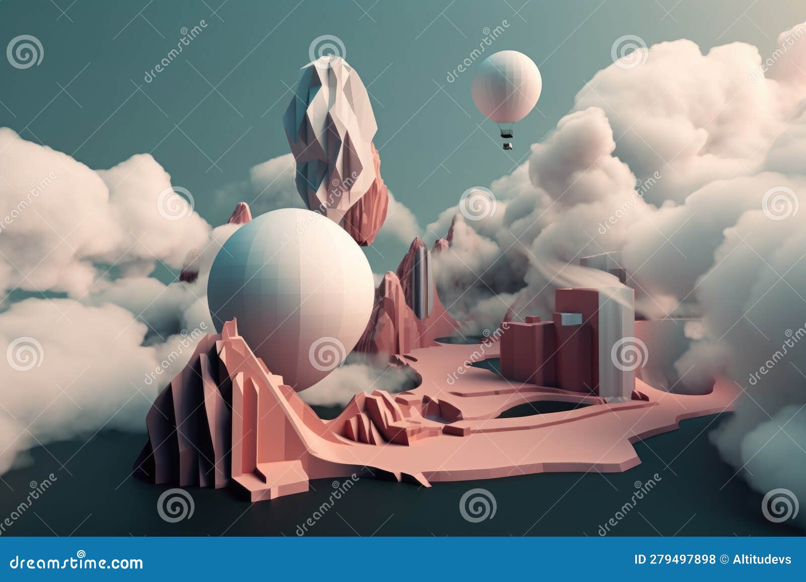 3d Geometric Forms and Structures in Surreal Landscape, with Floating ...