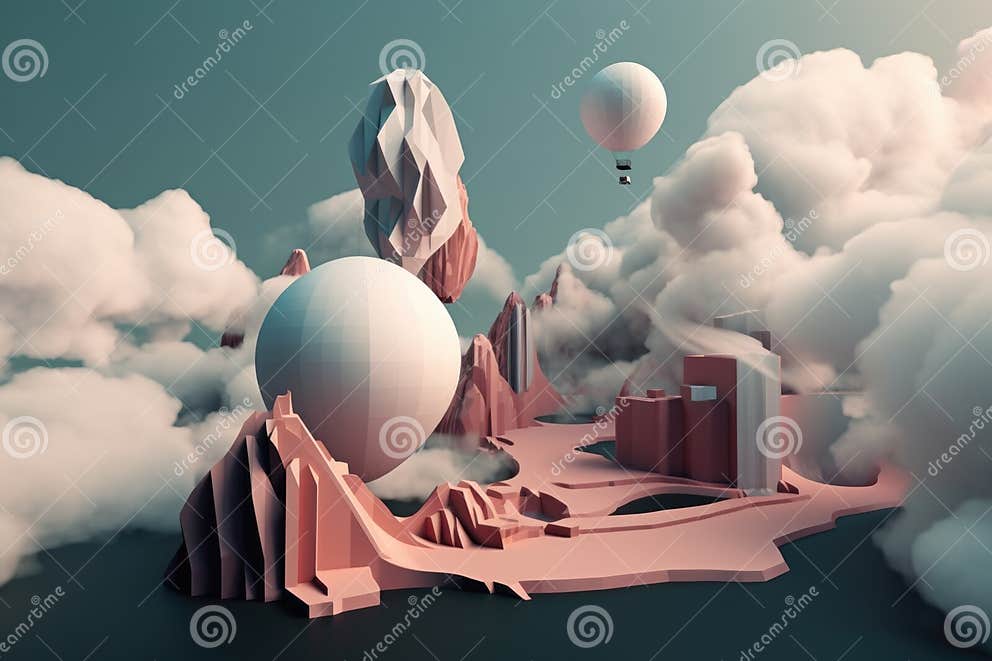 3d Geometric Forms and Structures in Surreal Landscape, with Floating ...