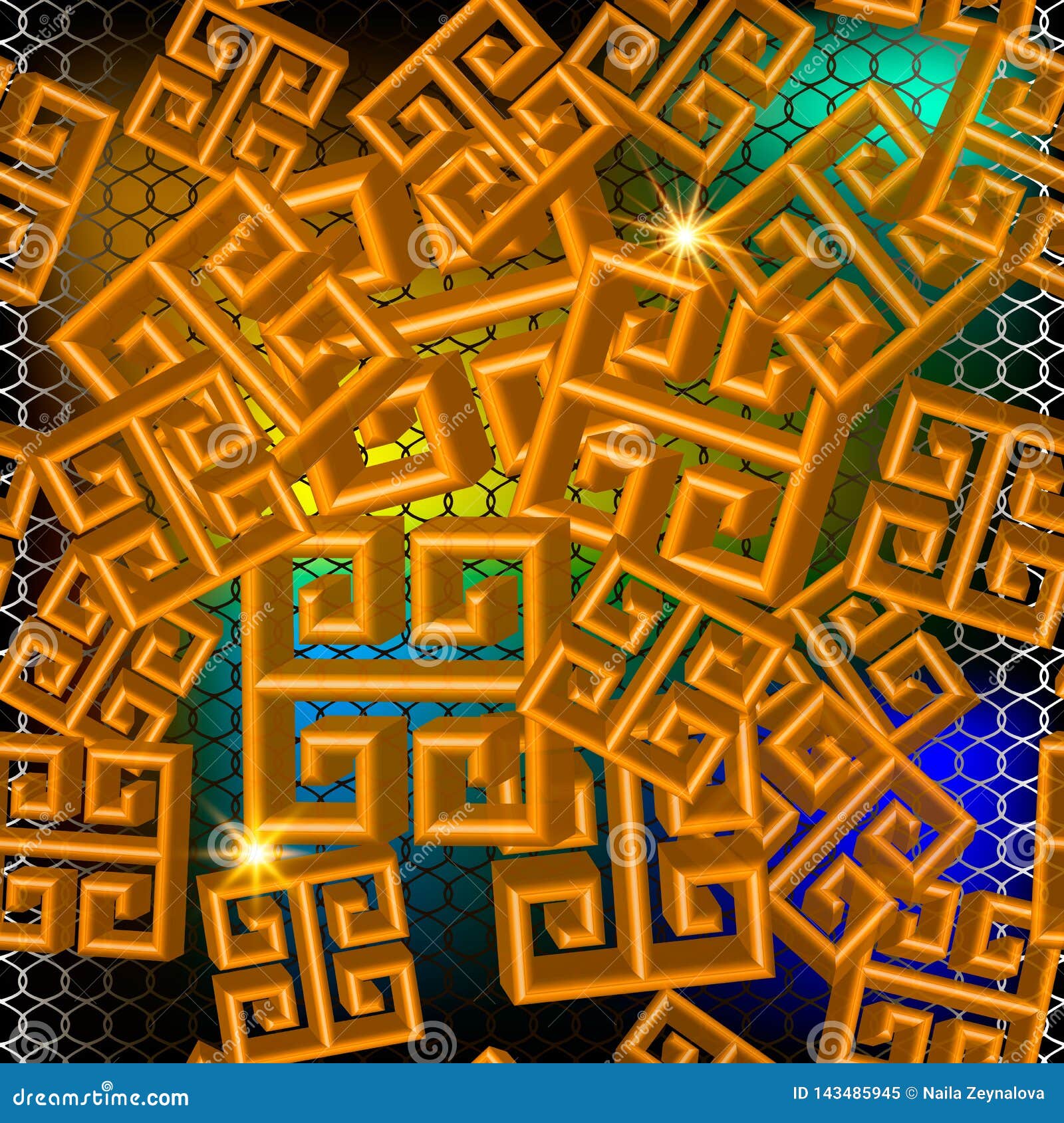 3d Geometric Greek Vector Seamless Pattern. Glowing Colorful Grid ...