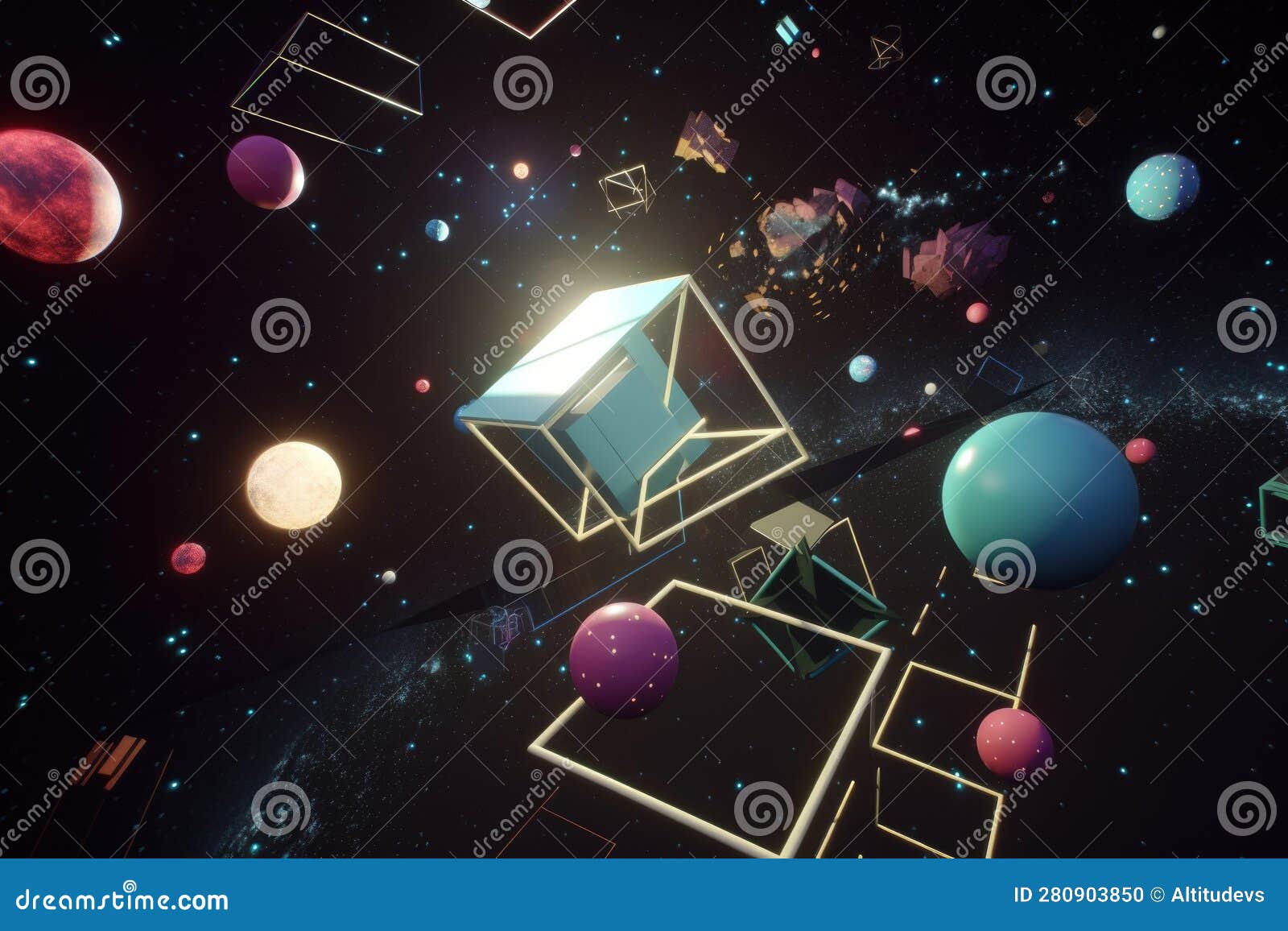 3d Geometric Shapes Floating in Space, with Stars and Planets Visible ...