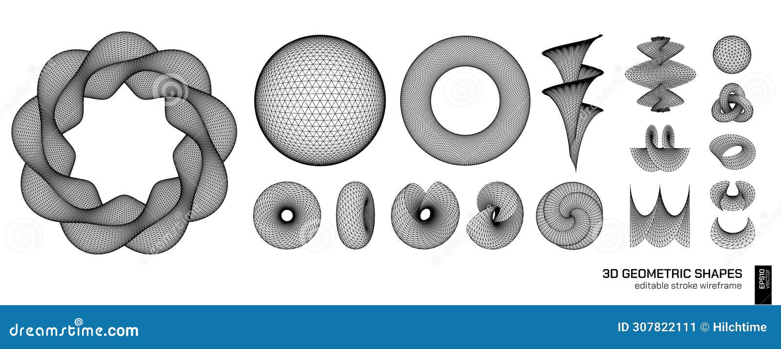 3D Geometric Shapes Set, Editable Stroke Wireframe. Vector Outline ...