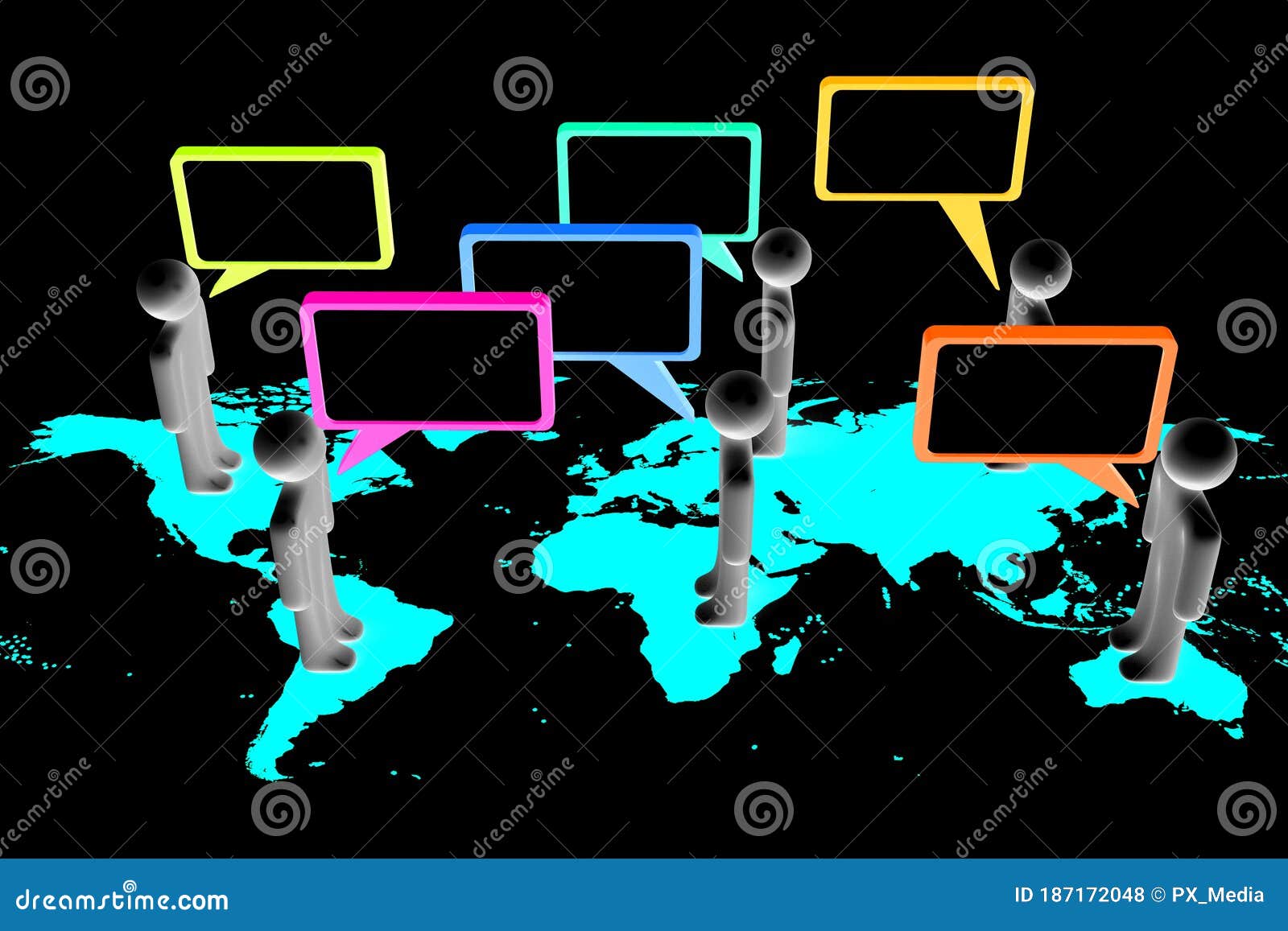 Cartoon Characters, Speech Bubbles, World Map - Global Communication ...