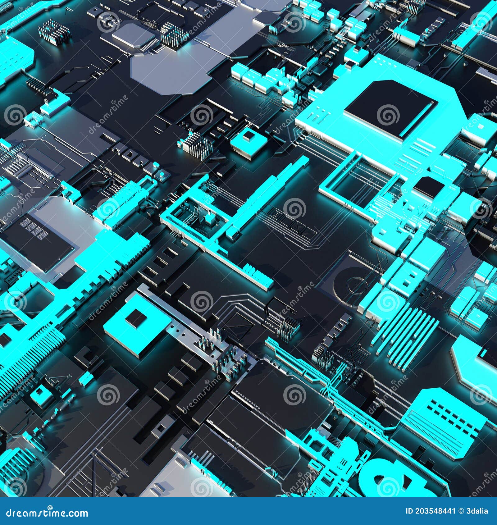3d Glowing Blue Technical Quantum Computer Circuit Board with Inegrated ...