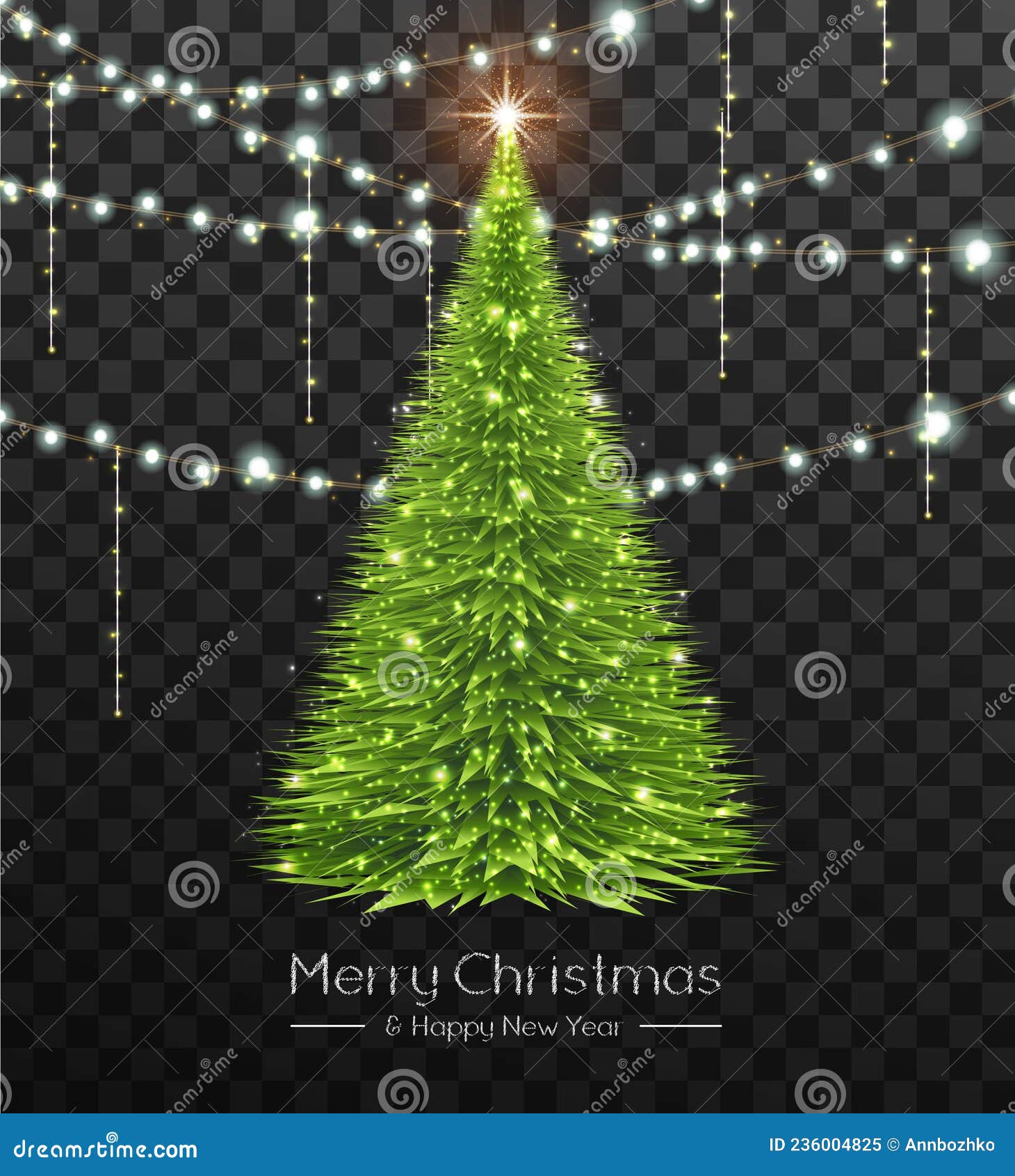 3D Glowing Green Christmas Tree with String of Lights Isolated on Transparent Background. Stock ...