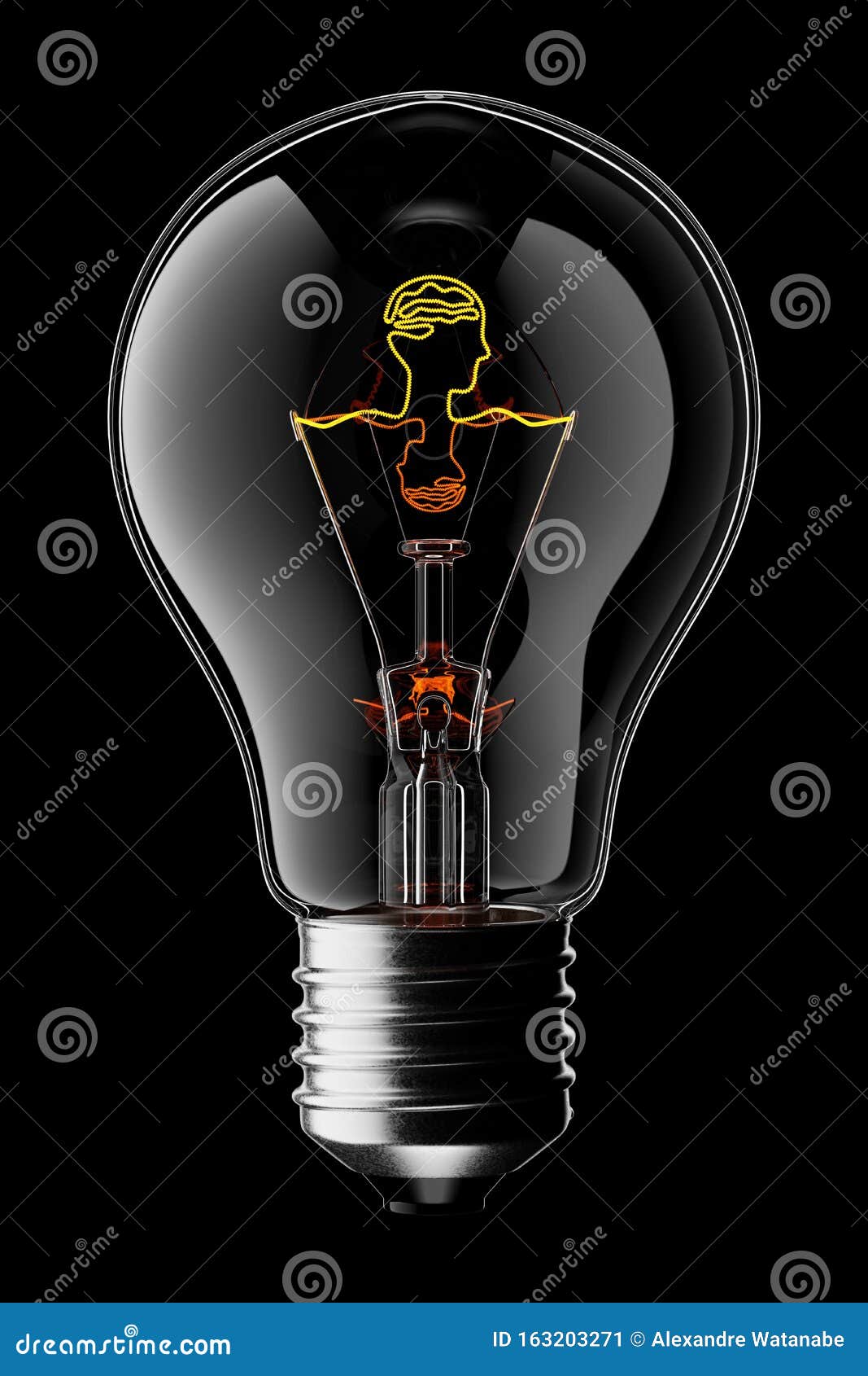 3D Glowing Light Bulb with the Filament Shaped As a Head and Brain ...