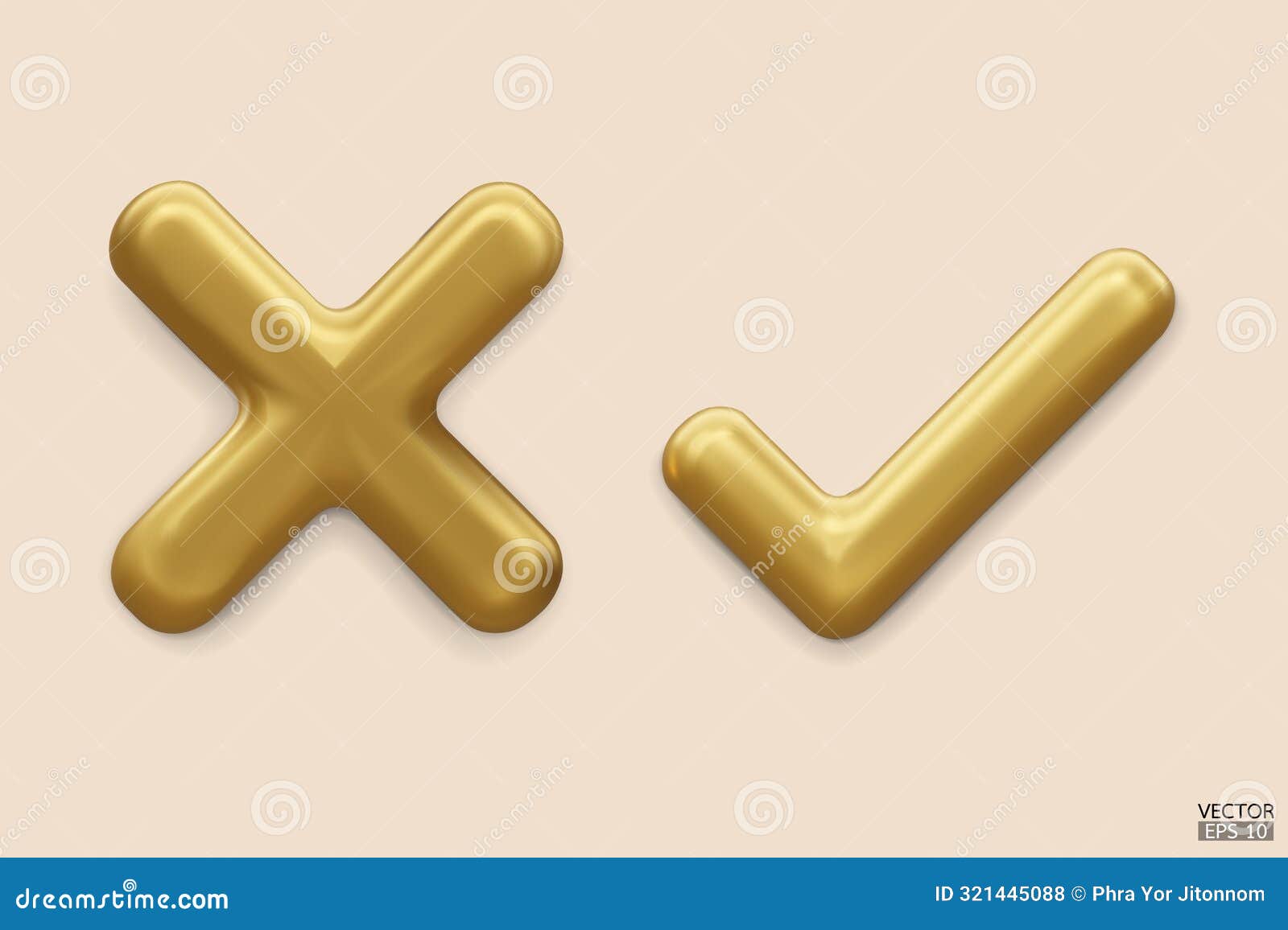 3D Gold Checkmark and X Mark Icon. Checkmark Right Symbol, Tick Sign ...