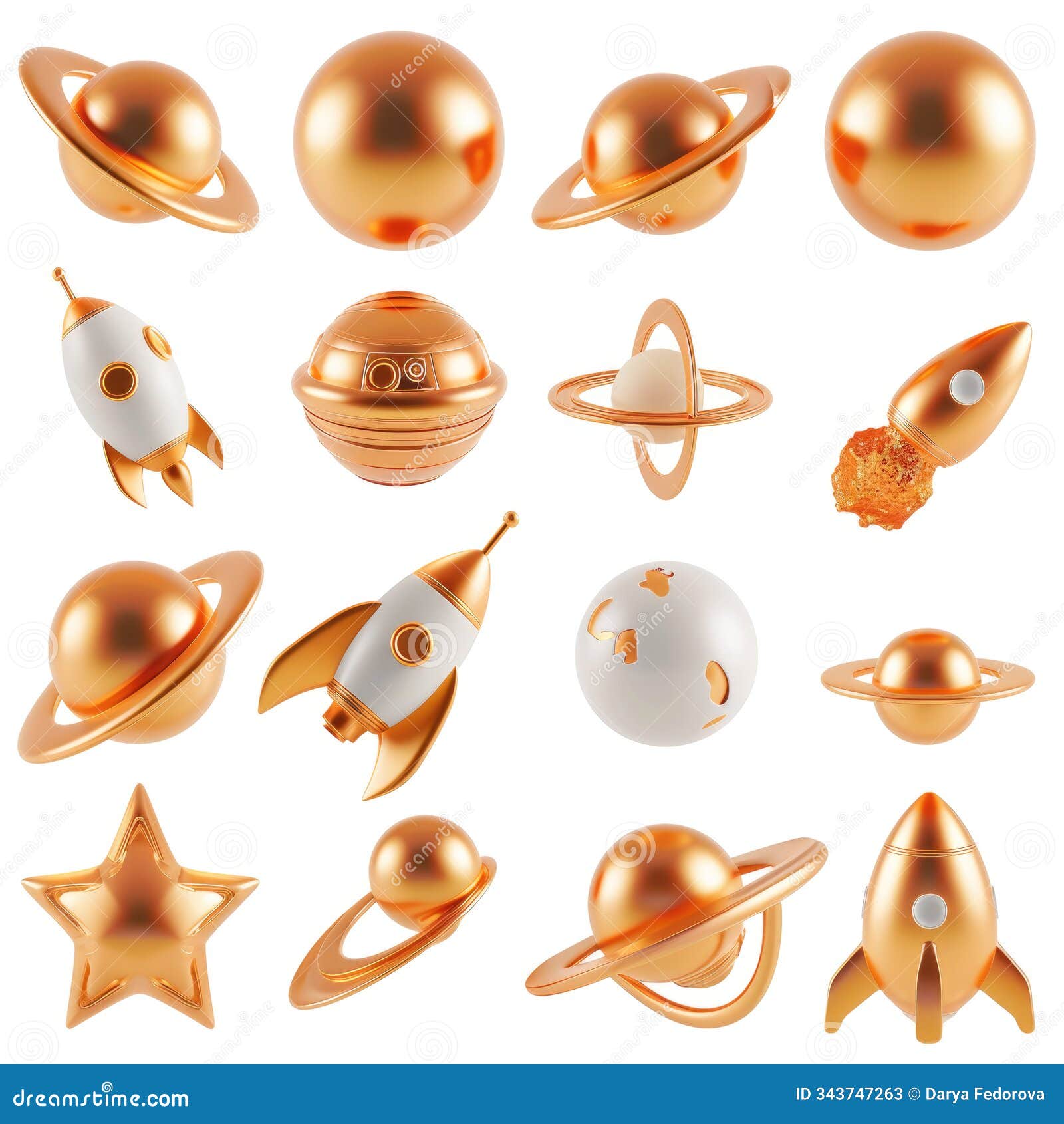 3D Gold Planets and Moons in White Background Stock Illustration ...