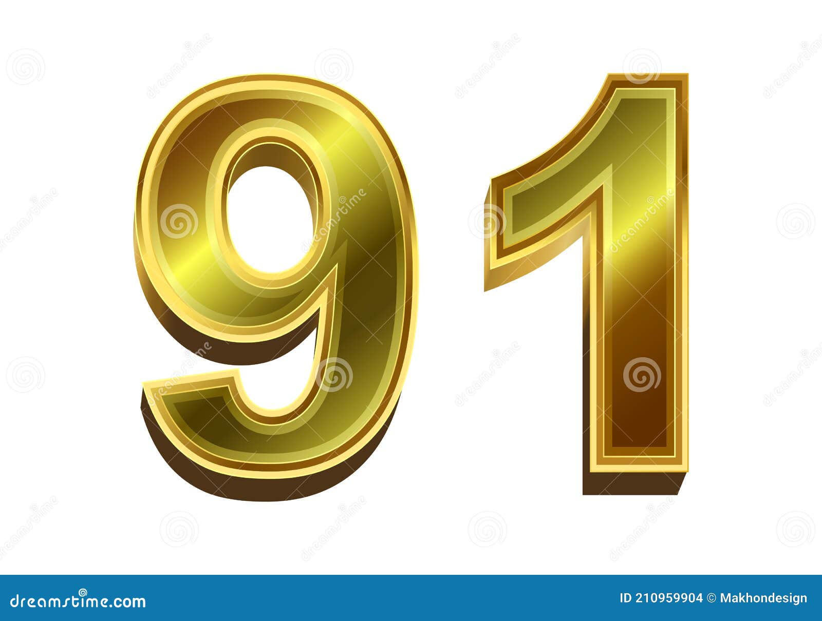 3d Golden Number 91 Isolated on White Background Stock Vector ...