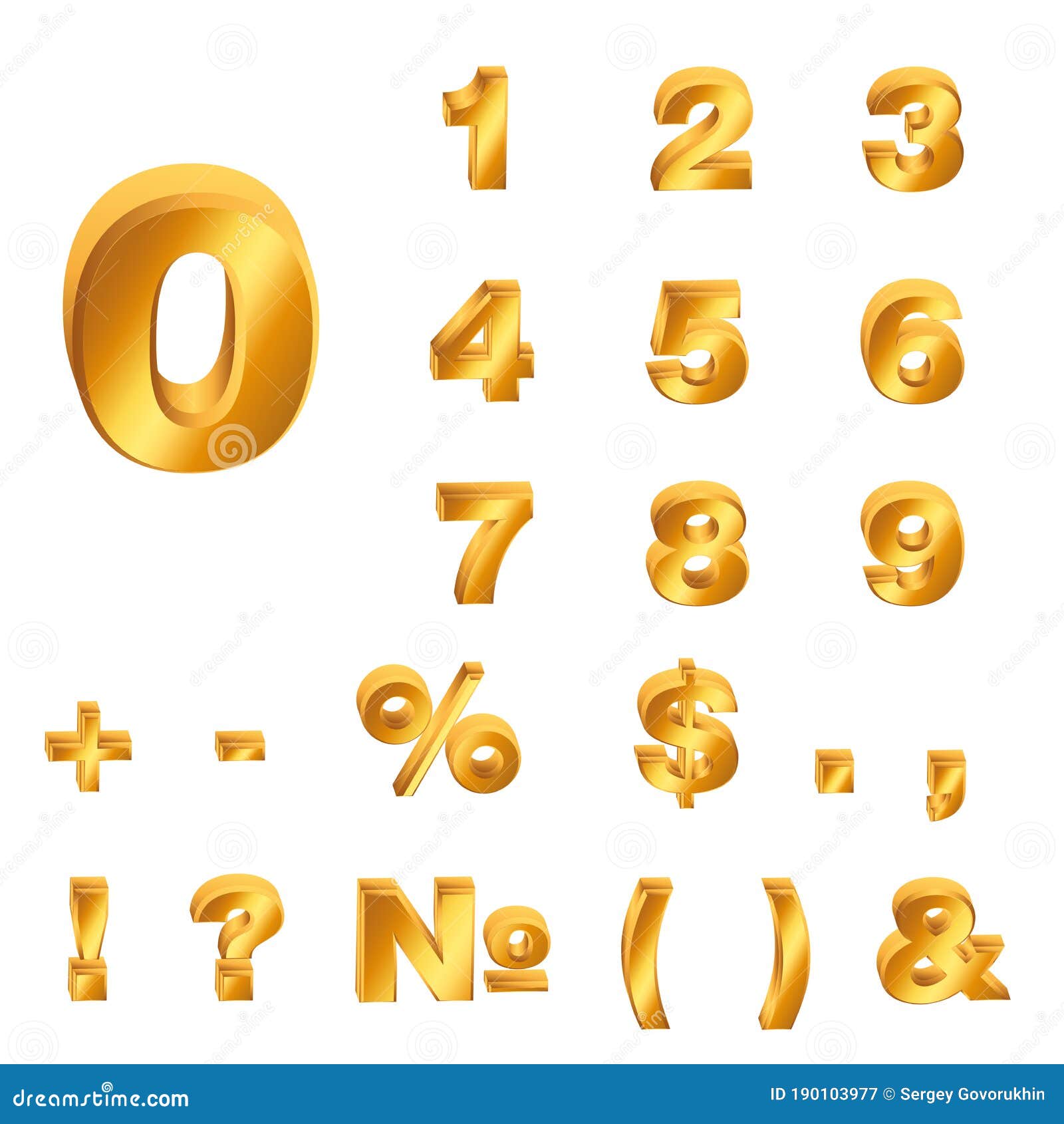 3D Golden Numbers and Punctuation Marks with Shadow Stock Illustration ...