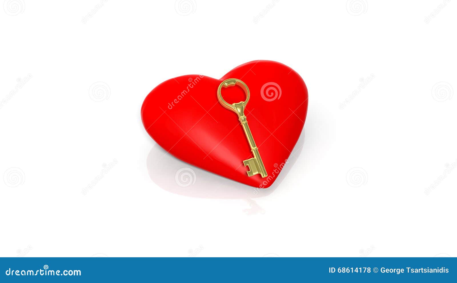 3D Golden Retro Key on Red Heart Symbol Stock Illustration ...
