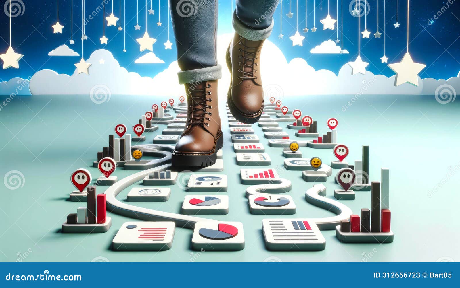 3D Graphic of a Pair of Boots Stepping on a Pathway Formed by Customer ...