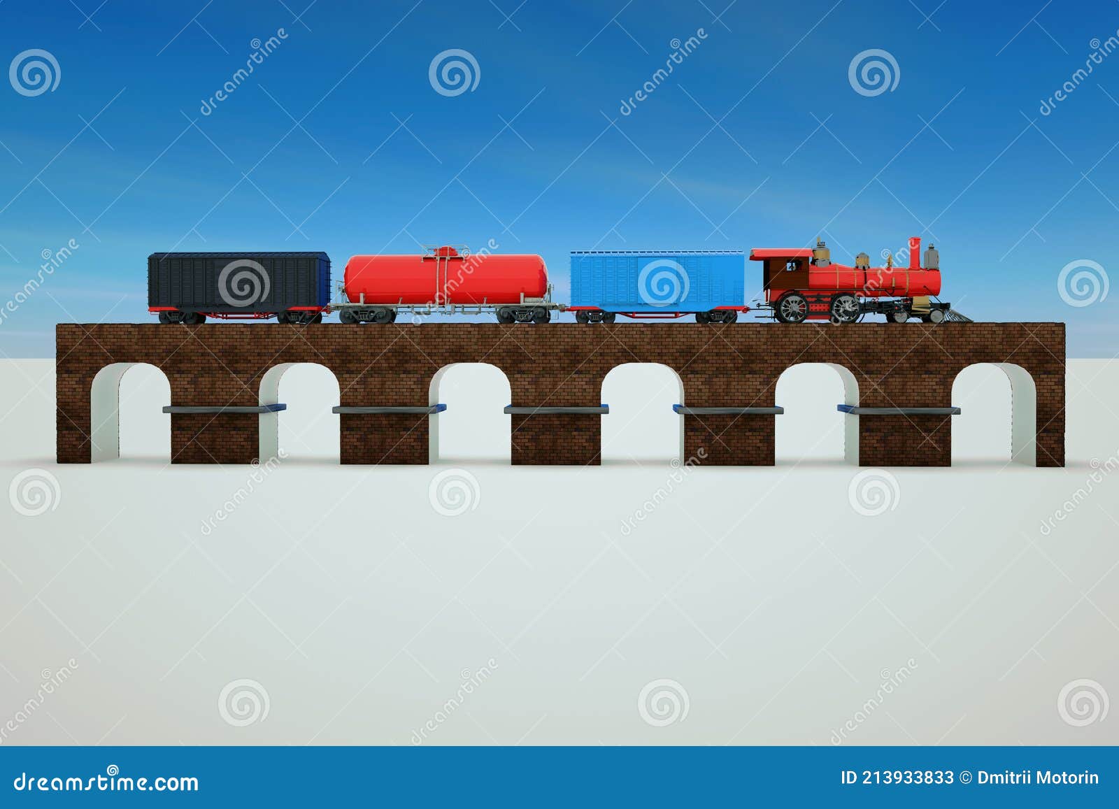3D Graphics, Model of a Freight Train. Train with Cars Goes by Rail ...
