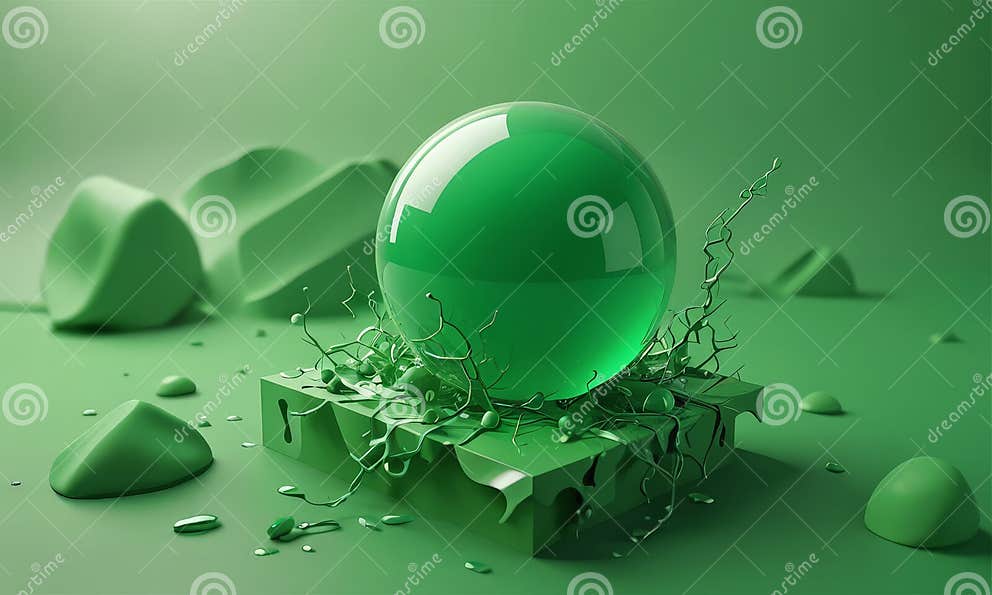3D Green Egg-shaped Object Rests on Green Base, Surrounded by Scattered ...
