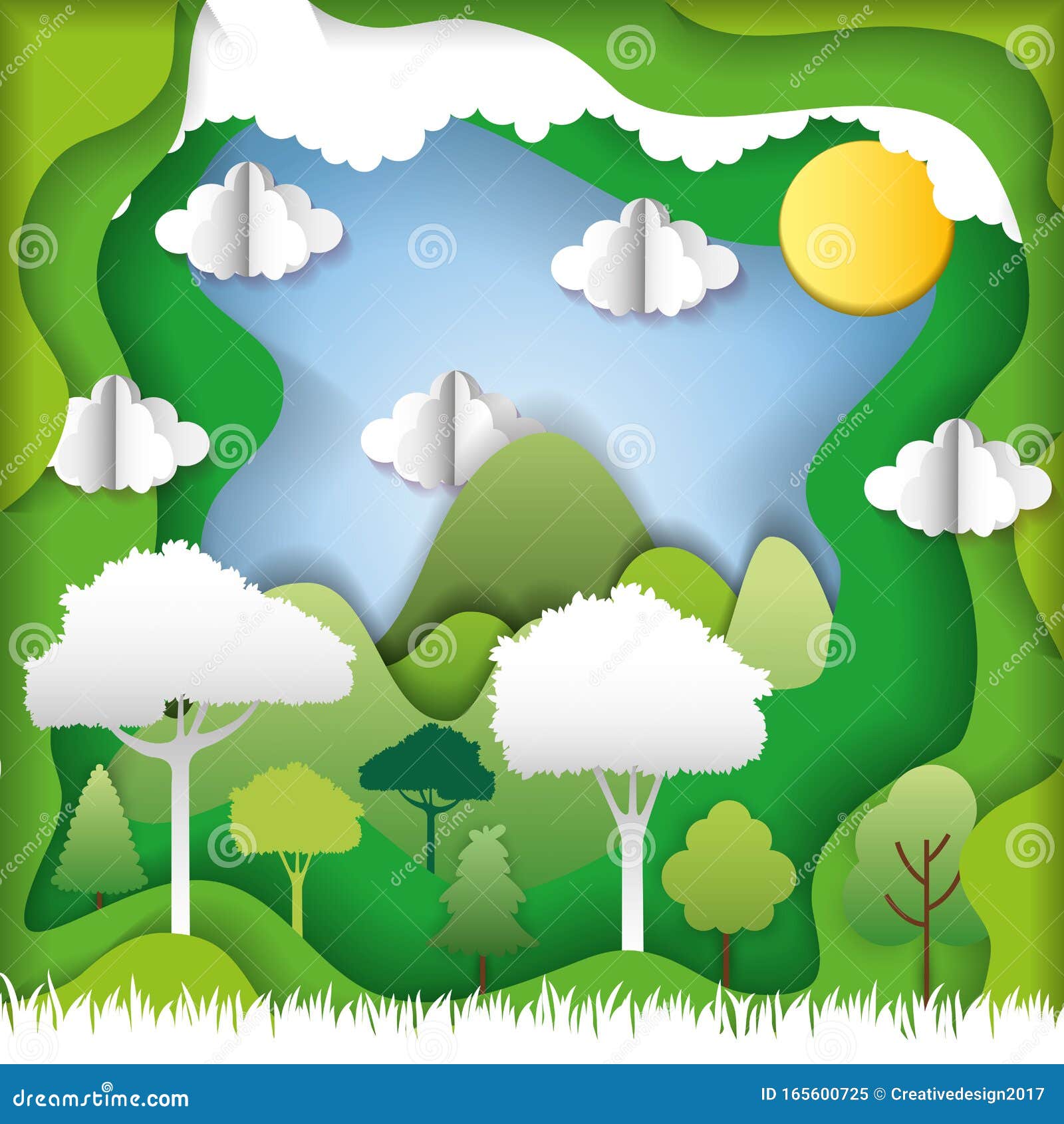 3d Green Forest with Clouds and Sun. Vector Stock Vector - Illustration ...