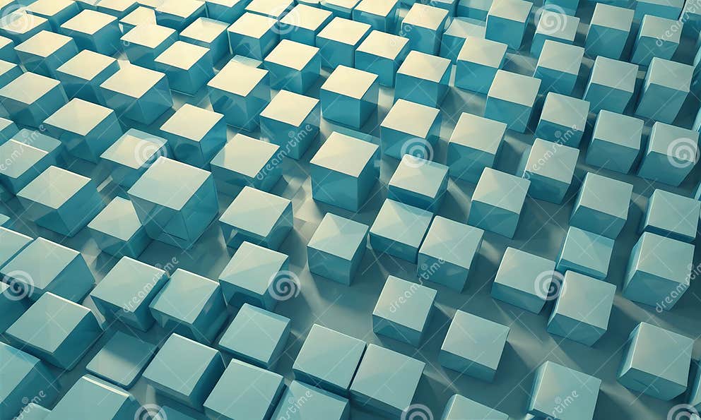 3D Grid Blue Cubes, Varying in Size and Orientation, Creates Visually ...