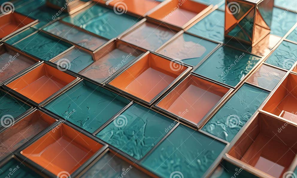 3D Grid-like Pattern Orange and Green Rectangular Boxes, with Metallic ...