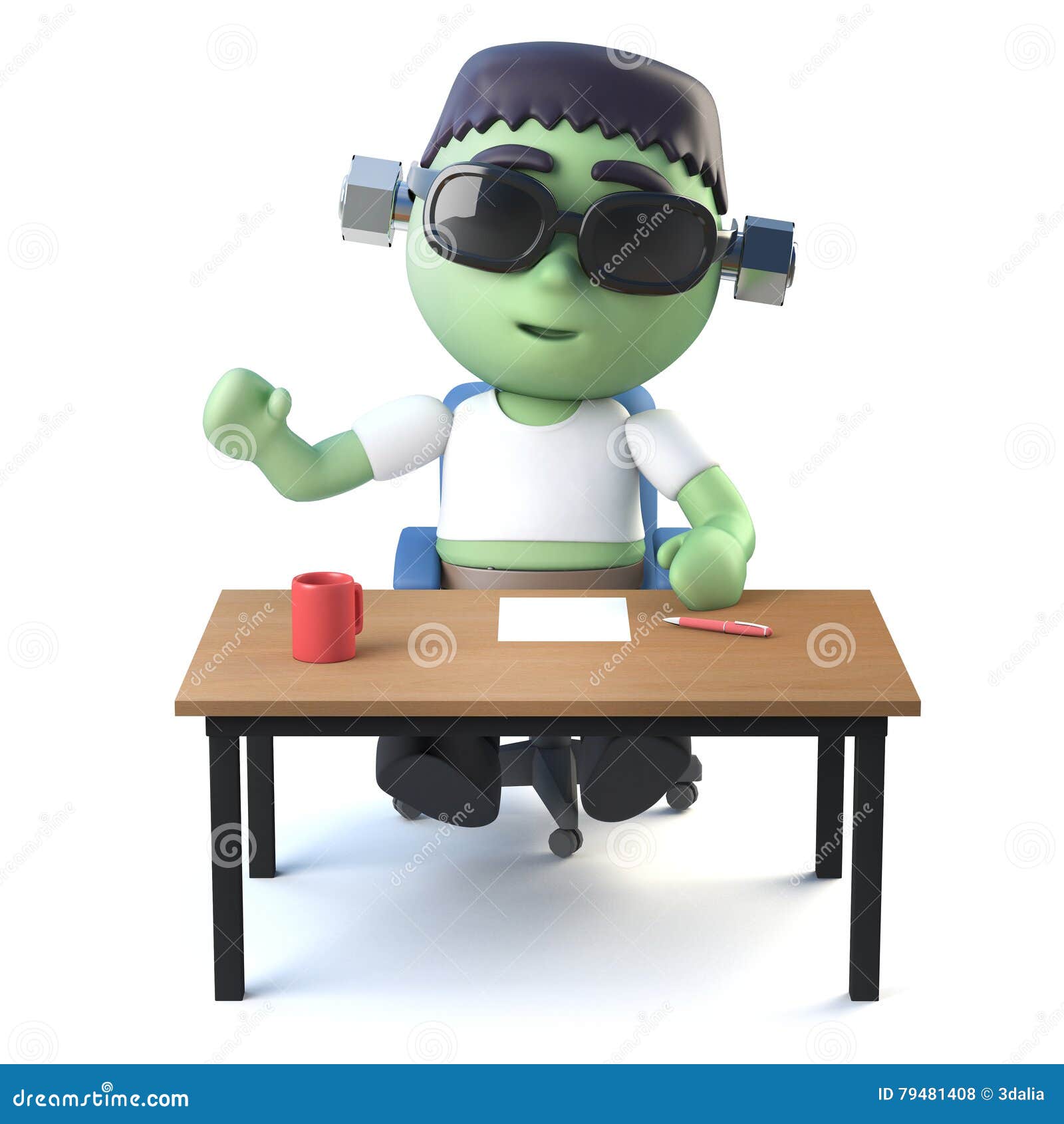 3d Halloween Frankenstein Monster Sits at His Desk Stock Illustration ...