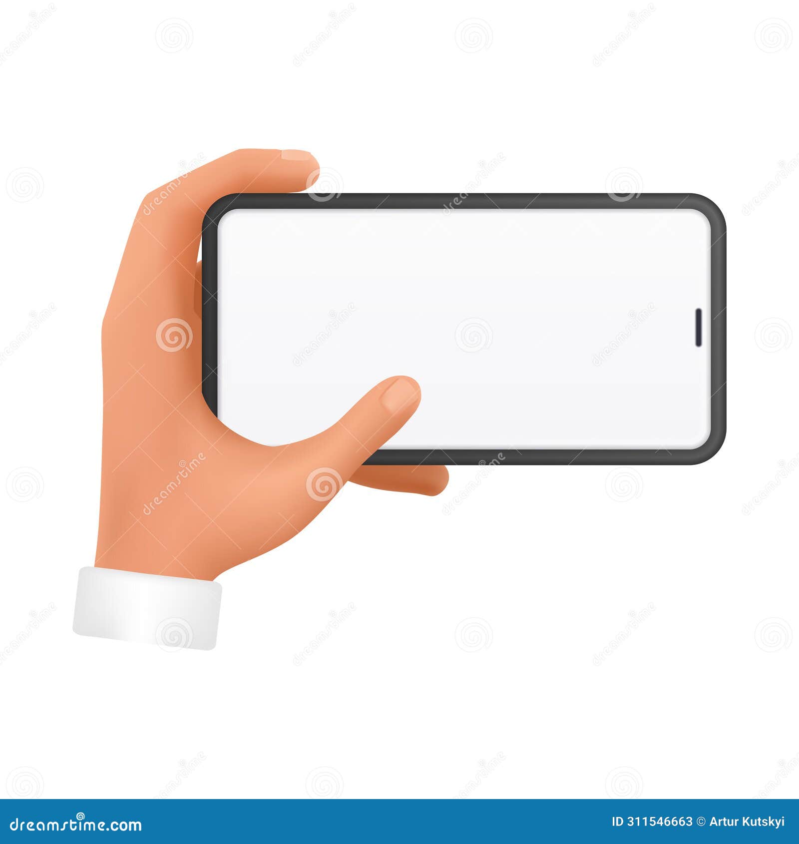 3D Hand of Man Holding Mobile Phone with Blank White Screen in ...