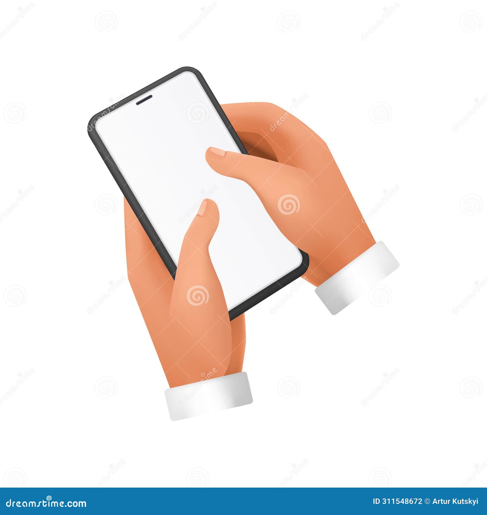 3d Hands Of Man Holding Mobile Phone To Touch Blank White Screen With
