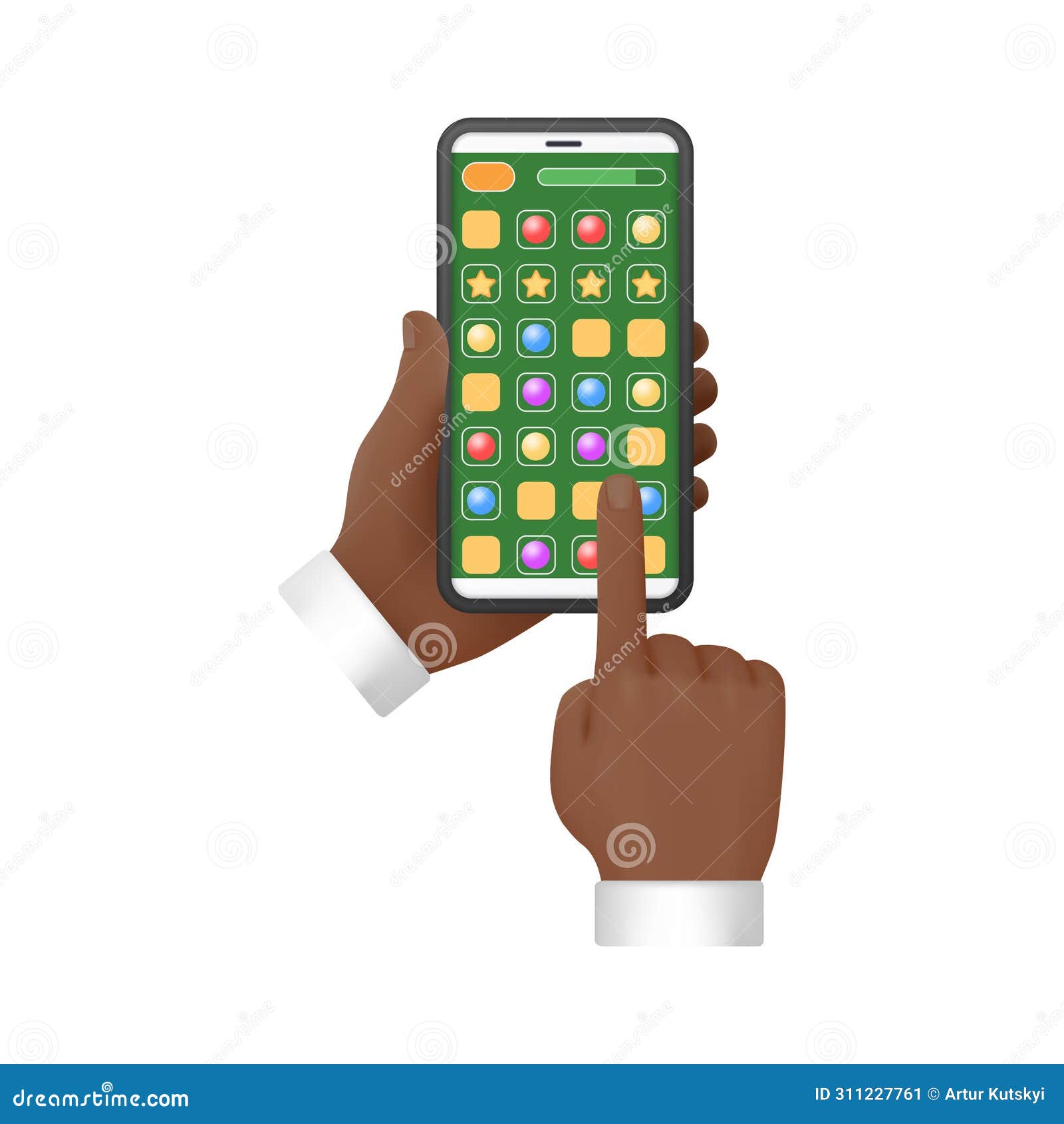 3D Hands of Man Touching Screen of Smartphone with Icons of Different ...