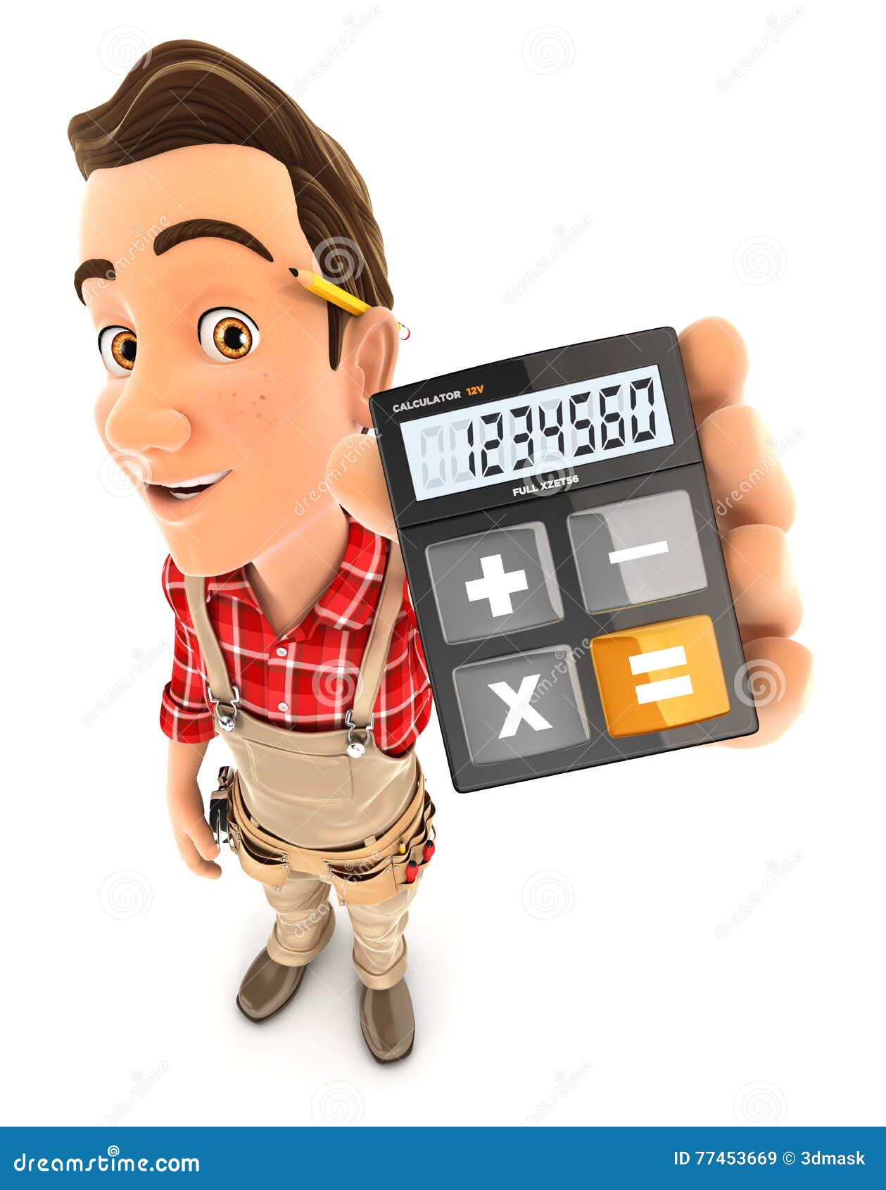 3d Handyman Holding Calculator Stock Illustration - Illustration of ...