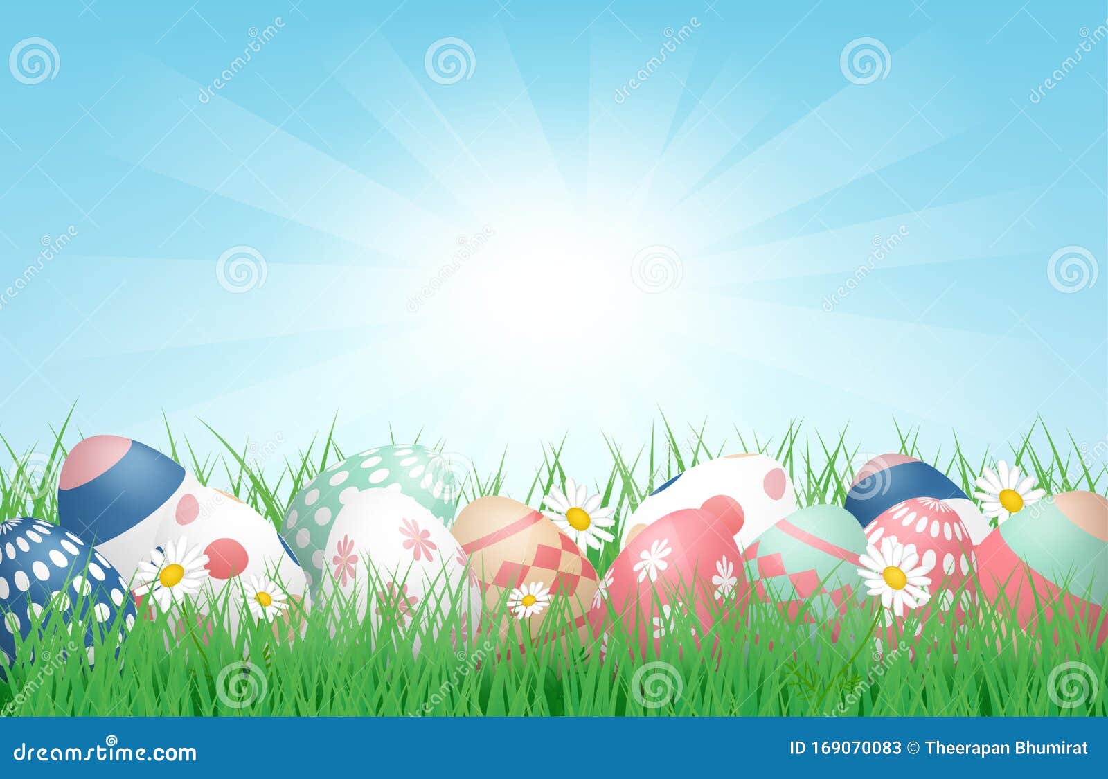 3D Happy Easter Background with Colorful Easter Eggs on Grass Field ...