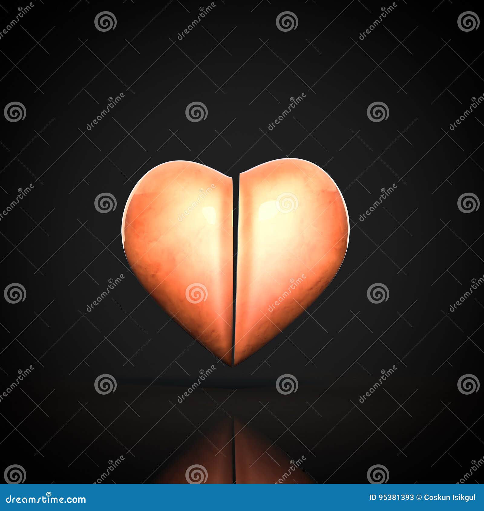 3D Heart on Black Background, Split from the Center Stock Illustration ...