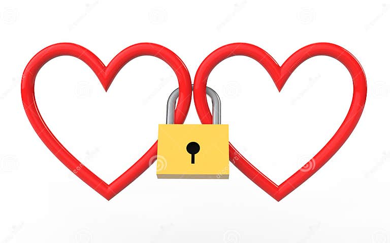 3d Hearts Locked Together with Padlock Stock Illustration ...