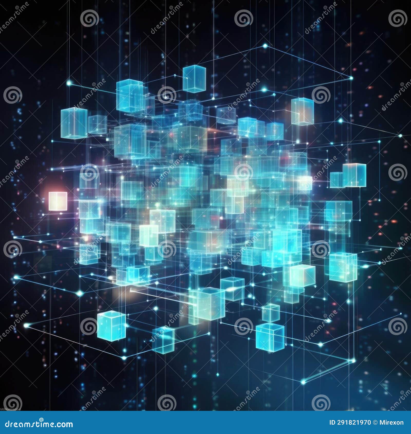 3D Hi-Tech Cube. Big Data Cube Quantum Computer Server Concept Background. Light Dots with Depth ...