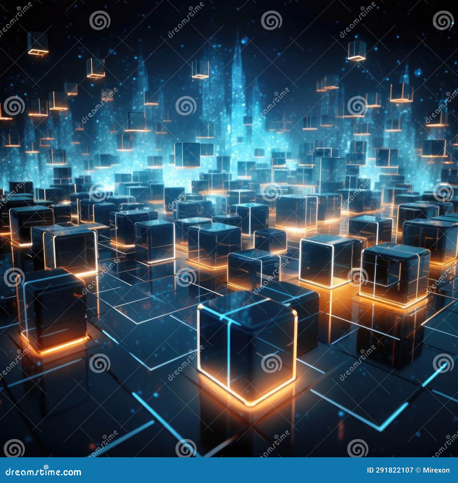 3D Hi-Tech Cube. Big Data Cube Quantum Computer Server Concept Background. Light Dots with Depth ...