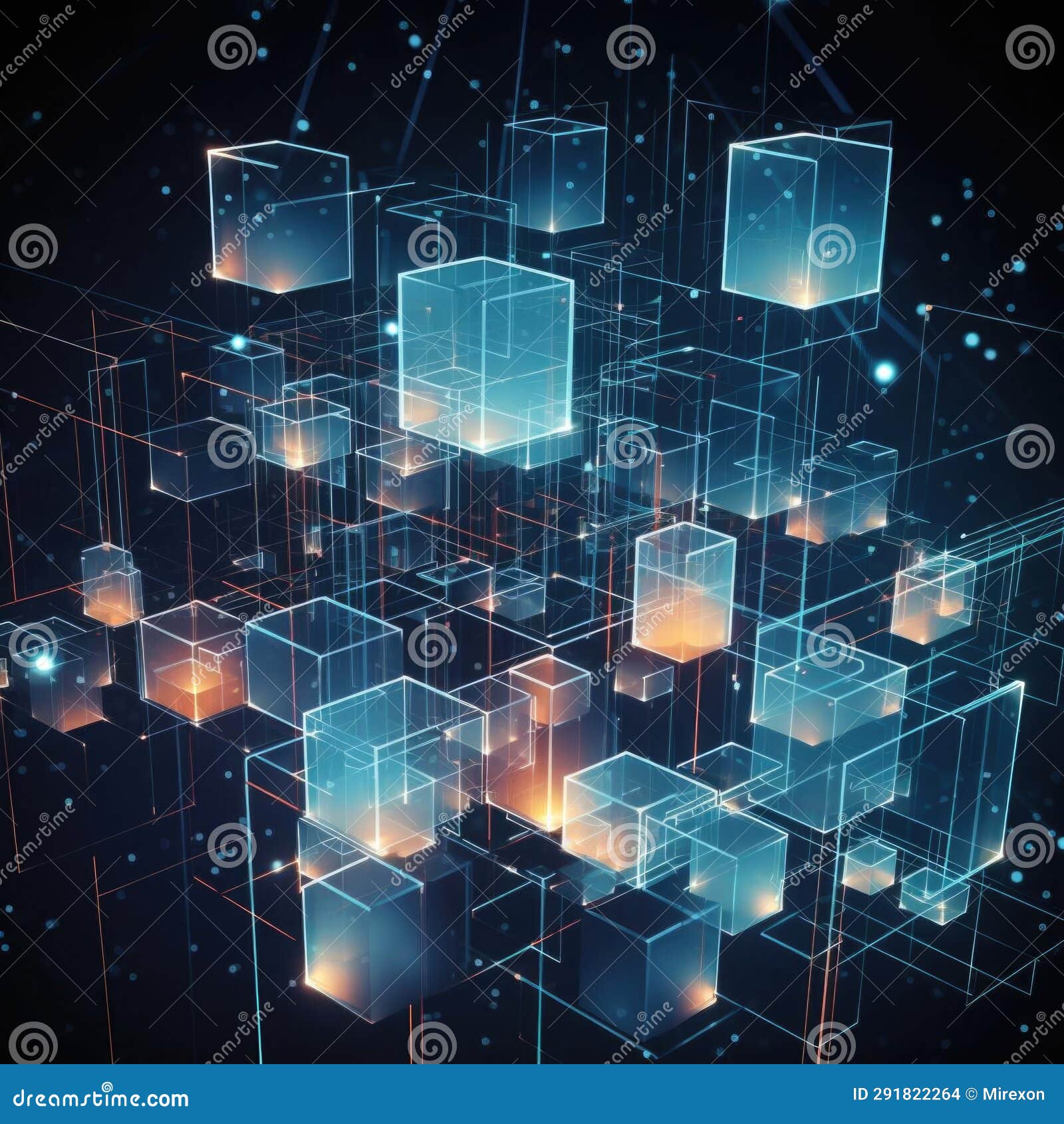 3D Hi-Tech Cube. Big Data Cube Quantum Computer Server Concept Background. Light Dots with Depth ...