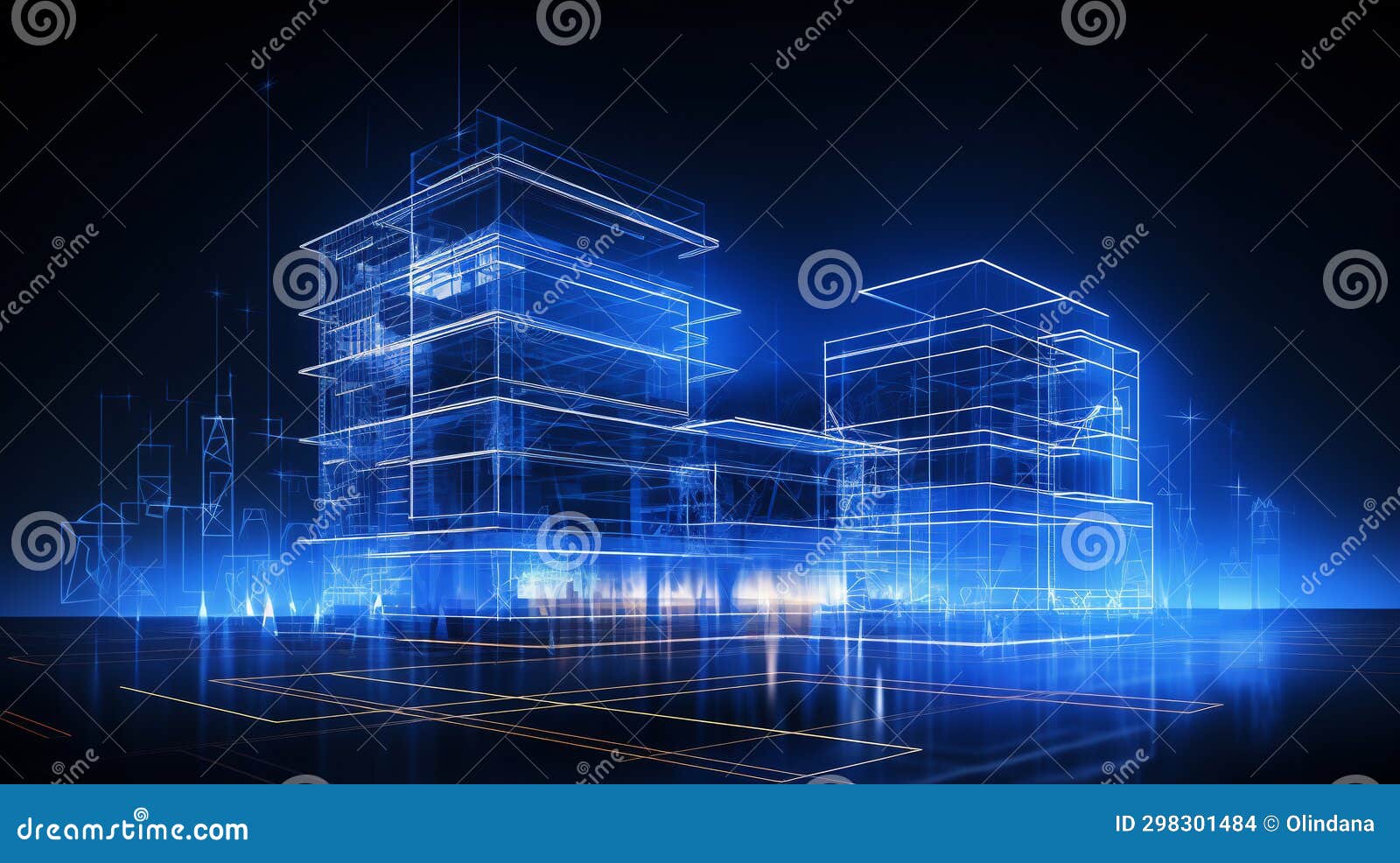 3D Hologram of Wireframe Building. Line Sketch of Exterior Stock ...