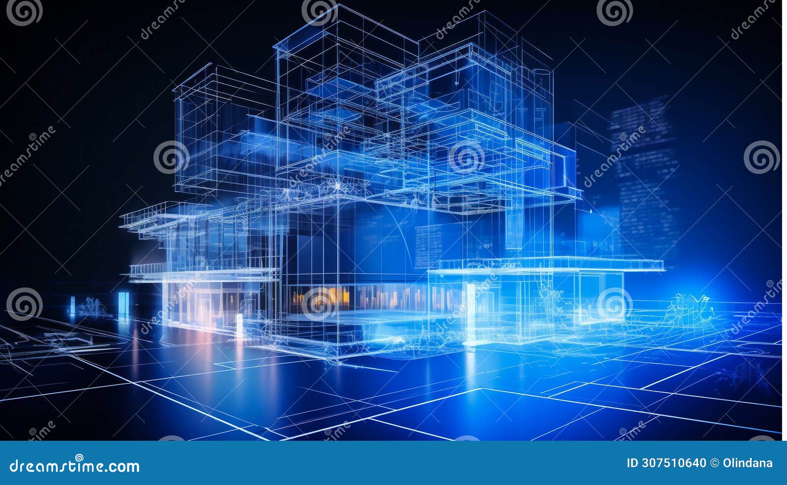 3D Hologram of Wireframe Building. Line Sketch of Exterior Stock ...