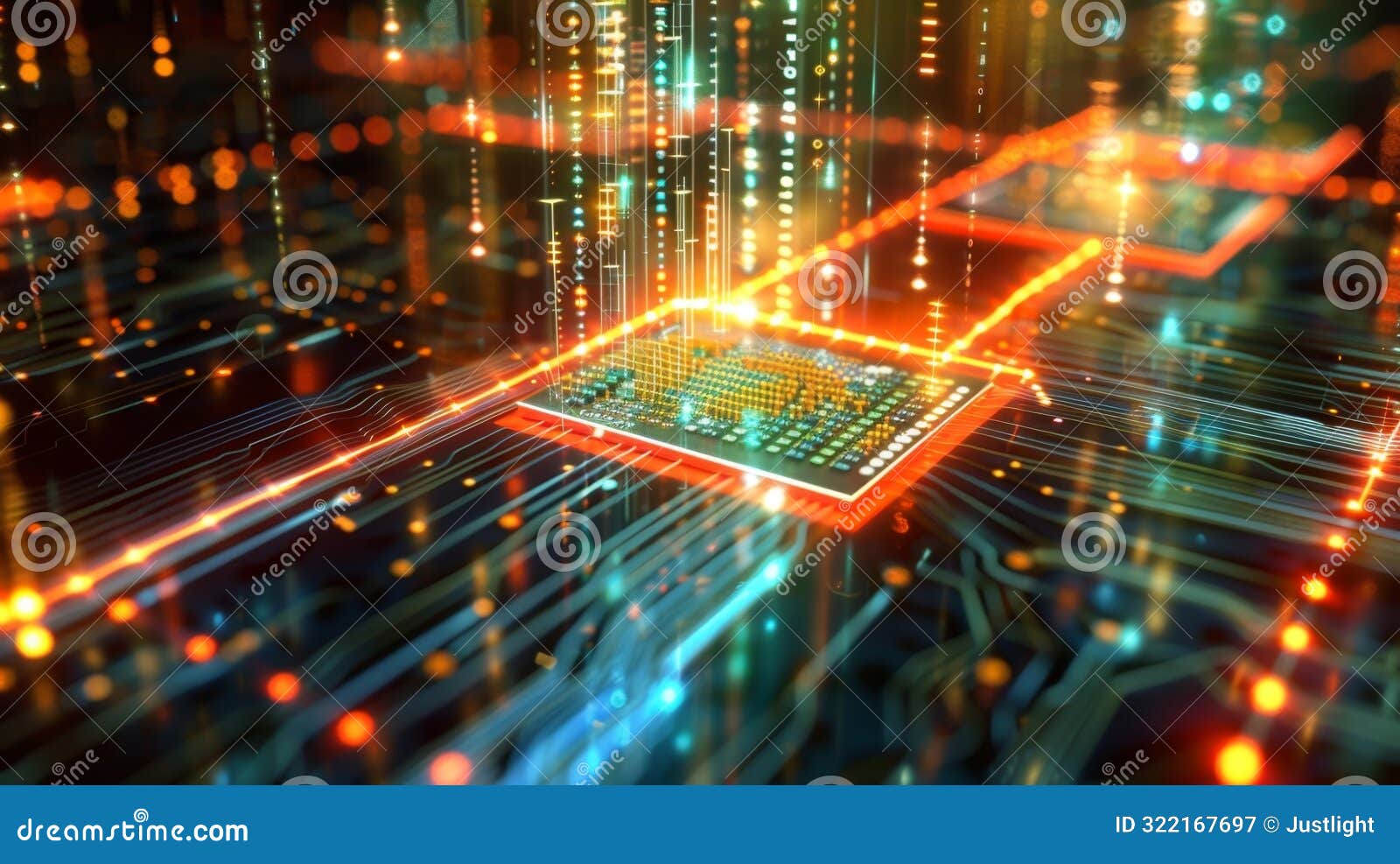 A 3D Holographic Projection Shows a Computer Chip Comprising of Qubits ...