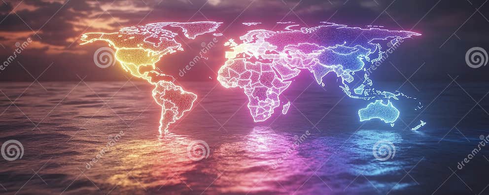 3D Holographic World Map with Glowing Digital Pins and Network Pathways ...