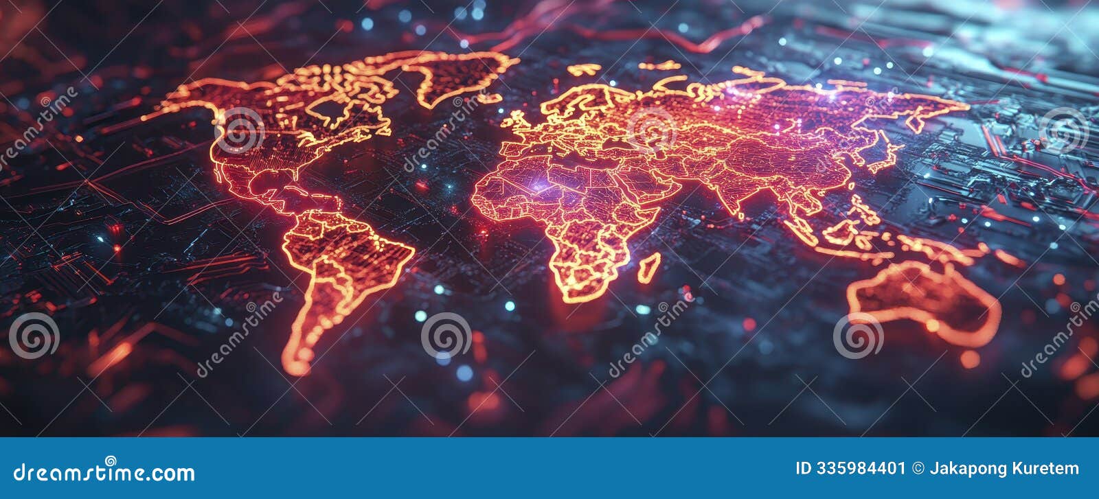 3D Holographic World Map with Glowing Digital Pins and Network Pathways ...