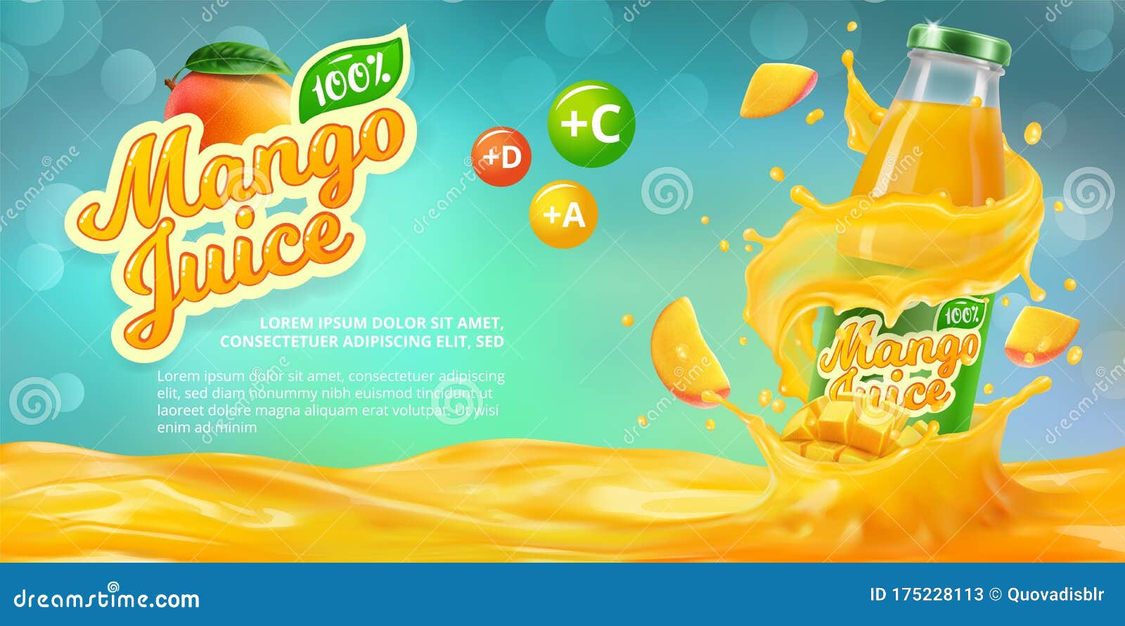 3D Horizontal Banner with 3D Realistic Advertising of Mango Juice, a ...