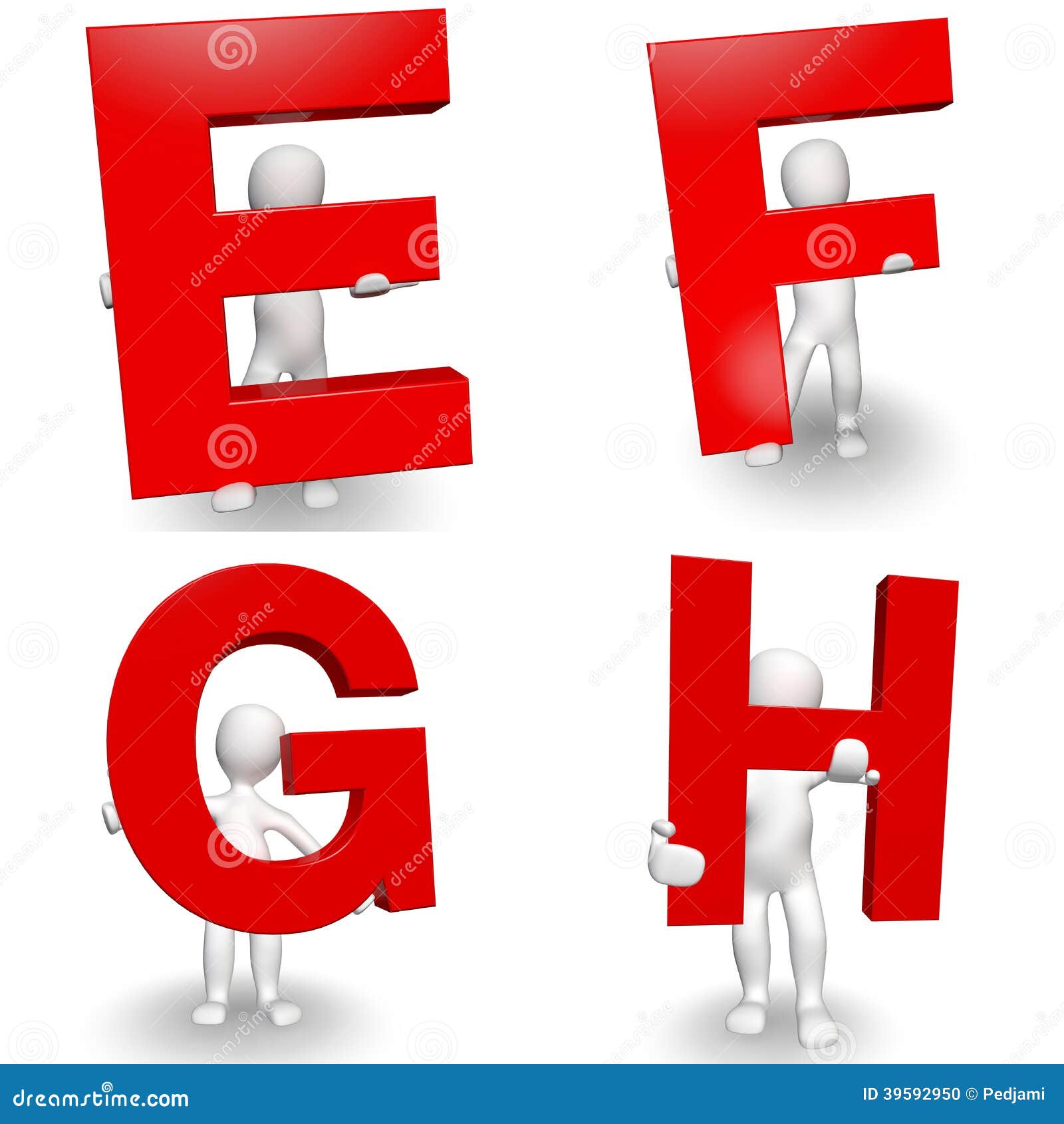 3D Human Character Holding Red Letter E, F, G, H, Stock Illustration ...
