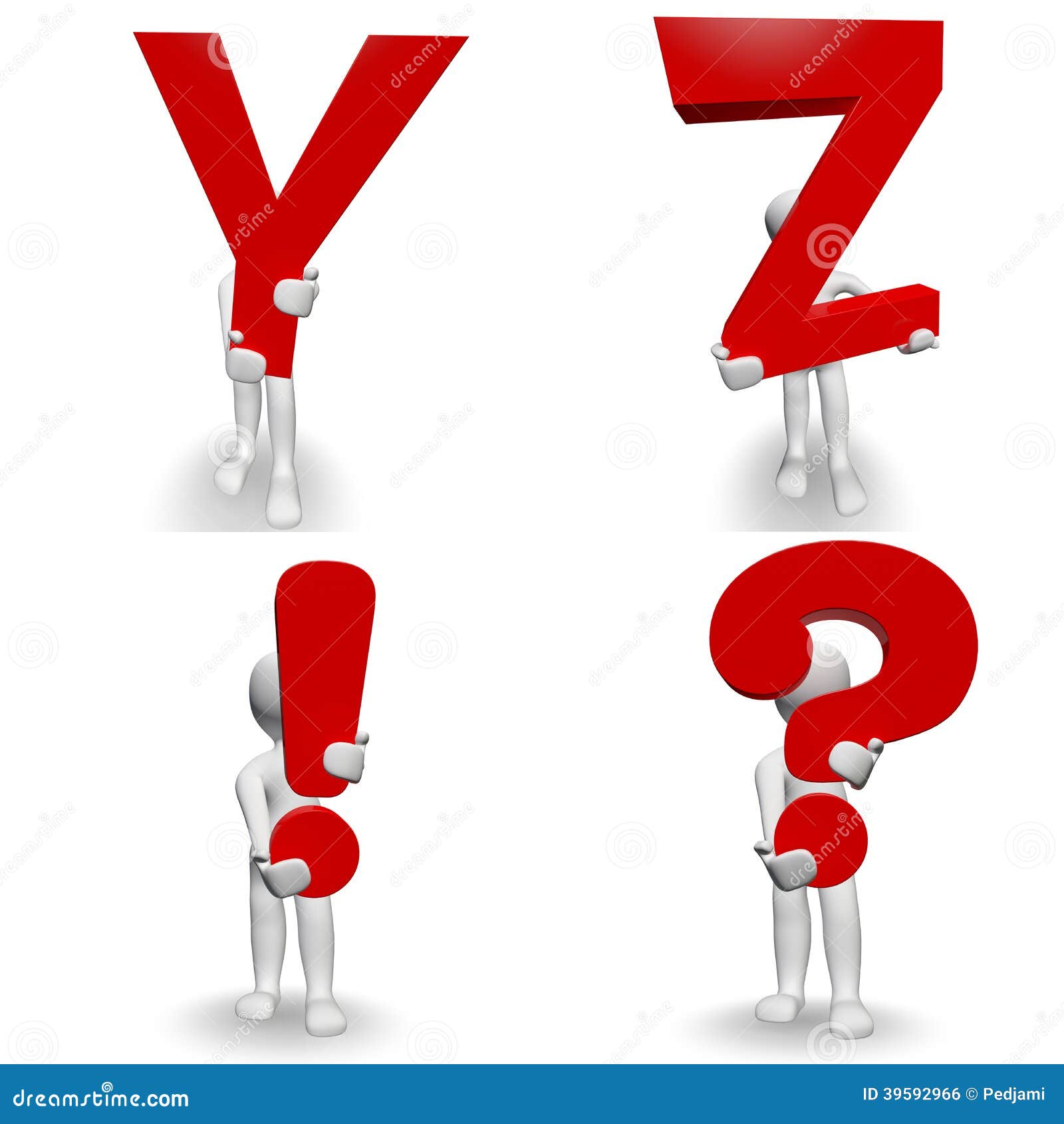 3D Human Character Holding Red Letter Y, Z, !, ? Stock Illustration ...