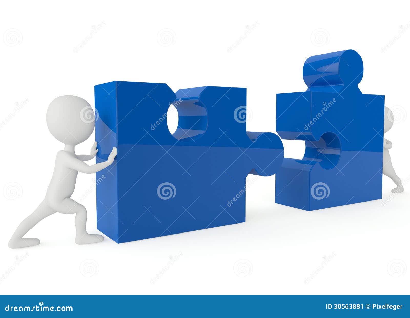 3d Humanoid Character Push a Blue Puzzle Pieces Stock Illustration ...