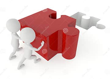 3d Humanoid Character Push a Red Puzzle Pieces Stock Illustration ...
