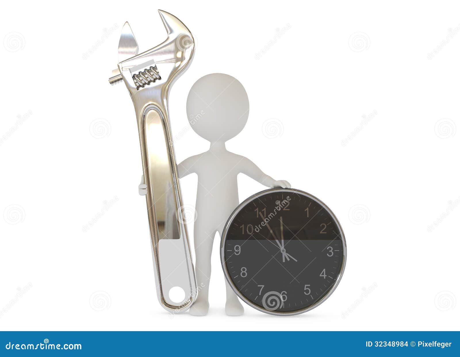 3d Humanoid Character with a Wrench Tool and Clock Stock Illustration ...