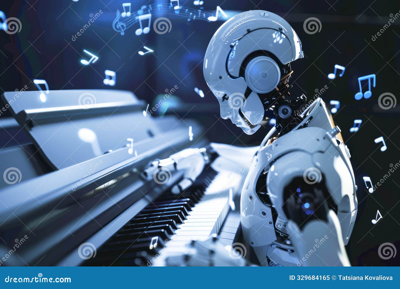 3d Humanoid Robot Playing Piano with Music Notes in Dark Room Stock ...