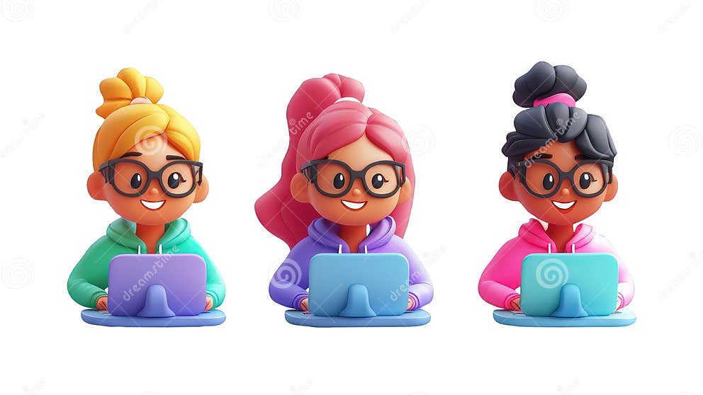 3d Icon Female Programmers Collaborating, Typing Code on Laptops ...