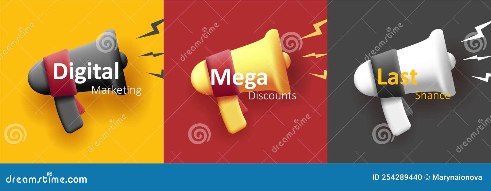 3d Icon of Megaphone with Sound Bolt, Banner in Different Colors Stock ...